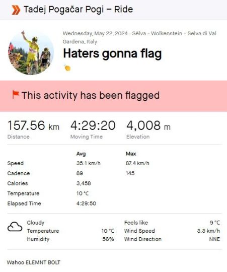 Tadej Pogacar opnieuw gerapporteerd op Strava: "Haters gonna flag ...